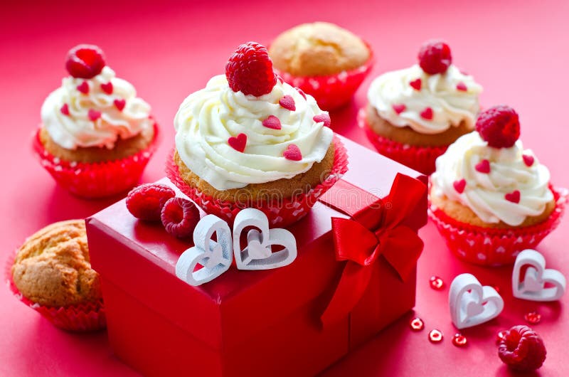 Saint Valentine S Day. Muffins for Breakfast and Gift Box Stock Photo ...