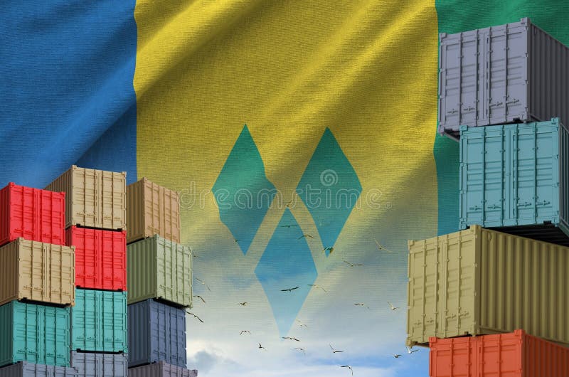 Saint Vincent and the Grenadines Flag and Big Stack of Shipping Cargo ...