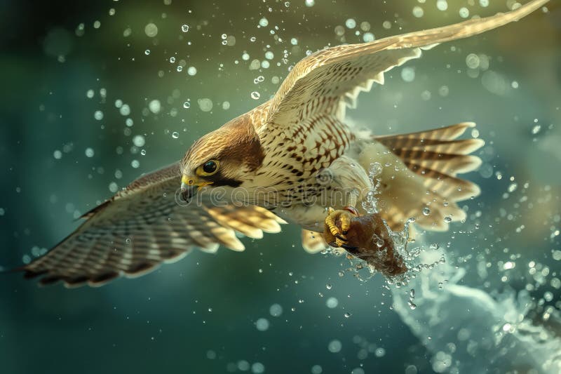 Saker Falcon Catching Prey while Flying through Water Spray Stock Photo ...