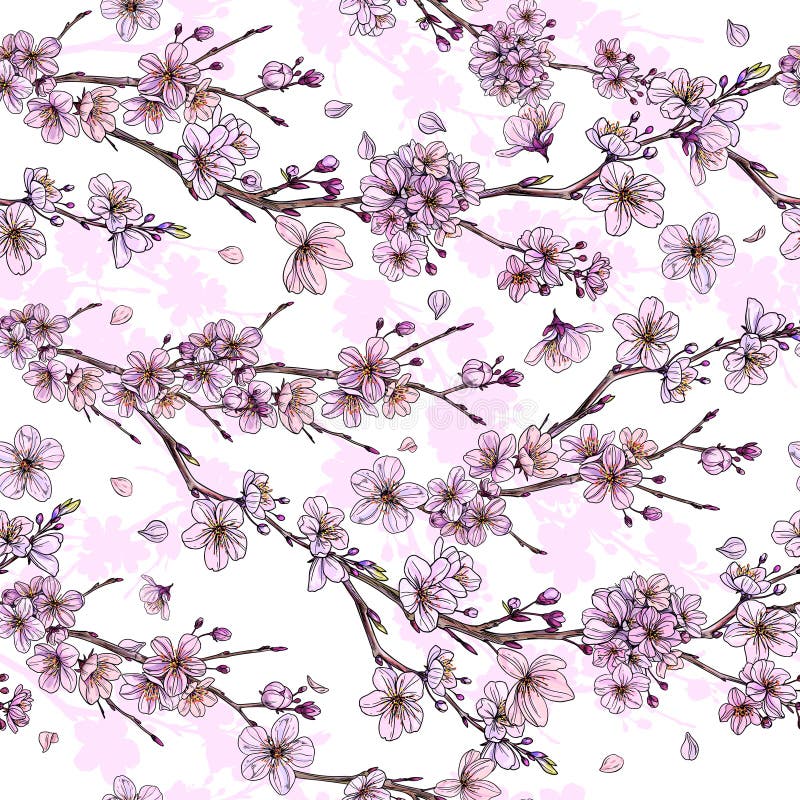 Sakura in Bloom, Seamless Pattern, Hand Drawn Stock Vector ...