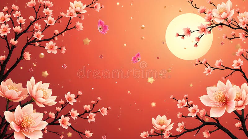 Sakura Blossom Night Scene, Floral Background with Full Moon Stock ...