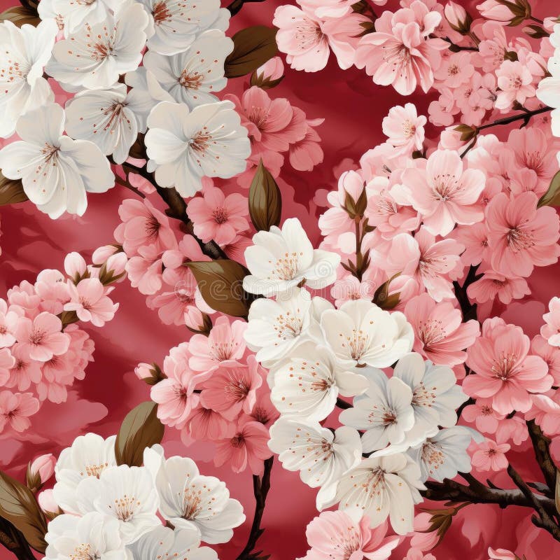 Sakura Blossom Wallpaper with White Buds on Pink and Red (tiled Stock ...