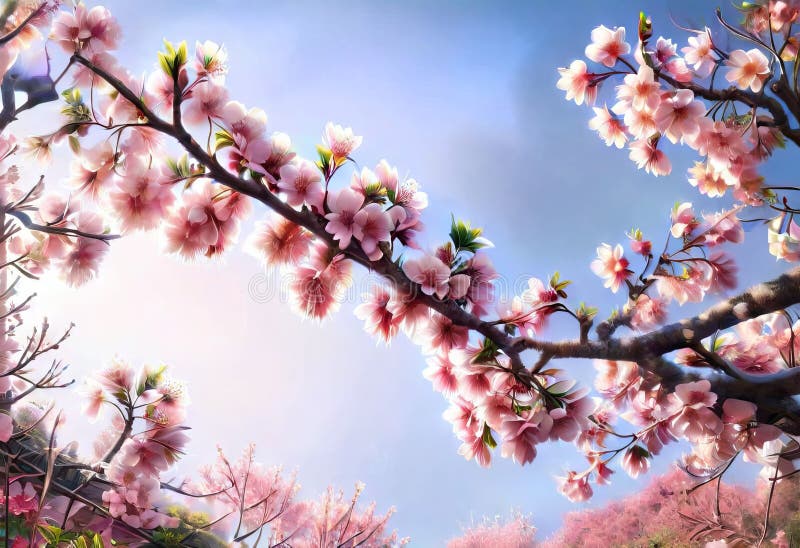 Sakura Branch in Springtime with Falling Petals and Blurred Transparent ...