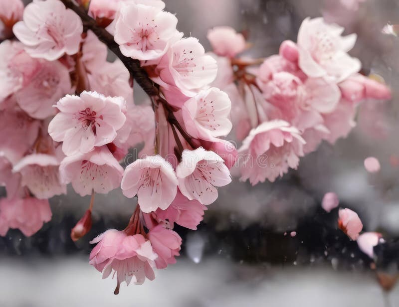 Sakura Branch in Springtime with Falling Petals and Blurred Transparent ...
