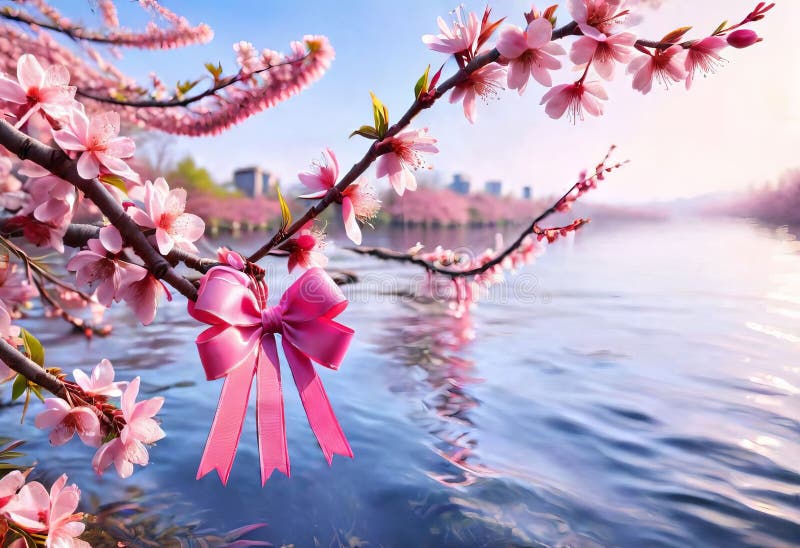 Sakura Branch in Springtime with Falling Petals and Blurred Transparent ...