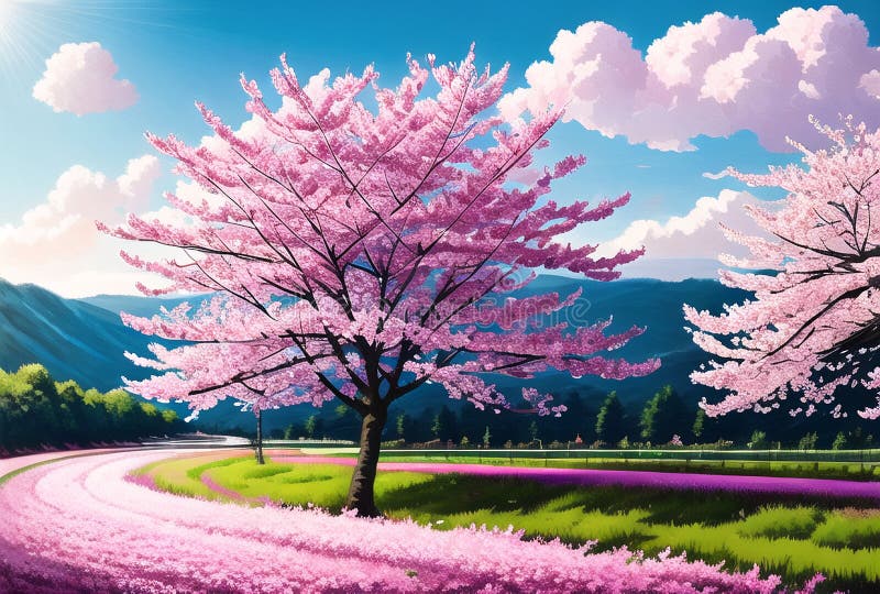 Cherry Blossoms Pink Flowers Springtime Trees. Fantasy Illustration ...