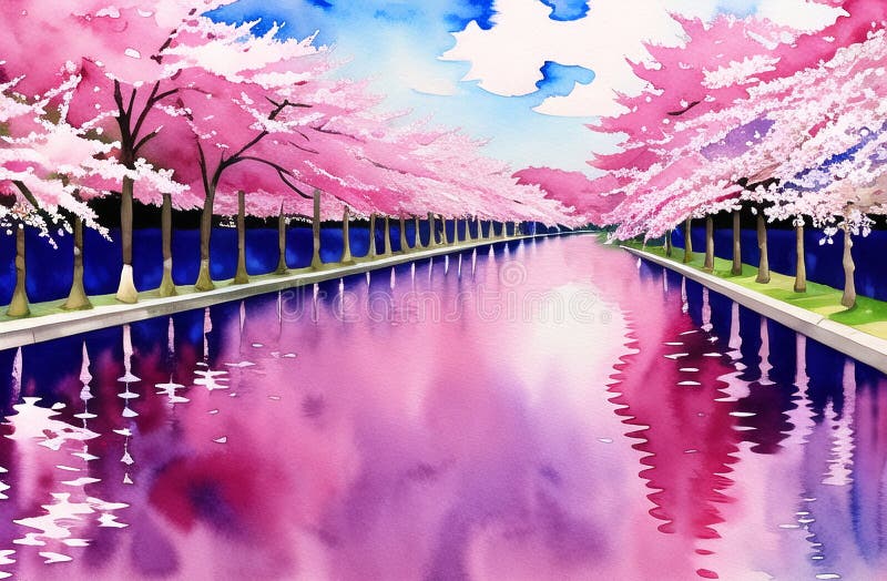Cherry Blossoms Pink Flowers Springtime Trees. Fantasy Illustration ...