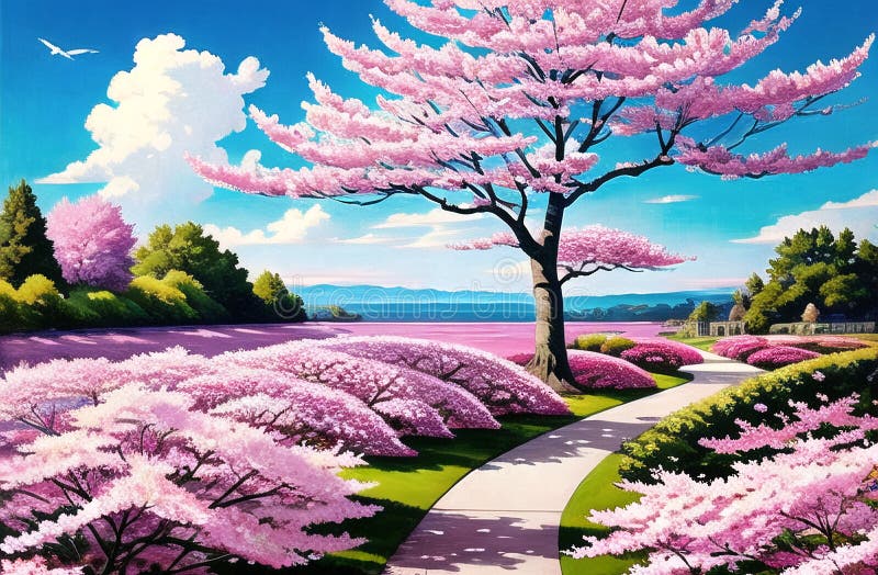 Pink Cherry Tree Blossom Flowers Blooming in Spring, Sakura, Easter Time. Ai Generated Landscape ...