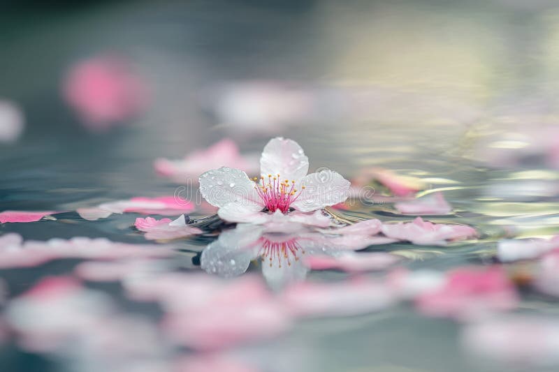 Sakura Flower Floating on Water with Petals and Reflection in Soft ...