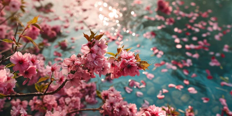 Sakura Flowers and Petals Float on the Surface of the Water. Hanami. AI ...