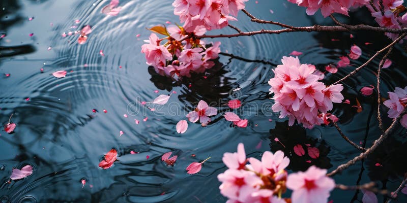 Sakura Flowers and Petals Float on the Surface of the Water. Hanami. AI ...