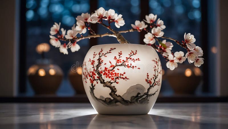 Sakura Flowers in a Sakura Pattern Pot Stock Illustration ...