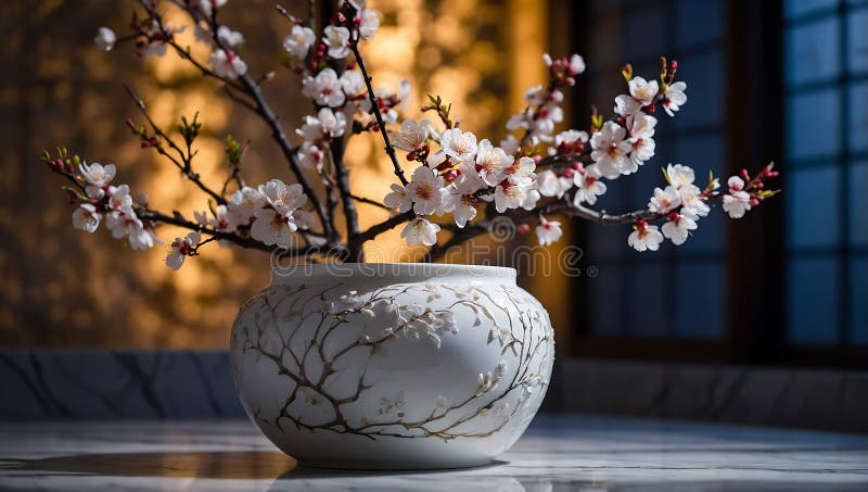 Sakura Flowers in a Sakura Pattern Pot Stock Illustration ...
