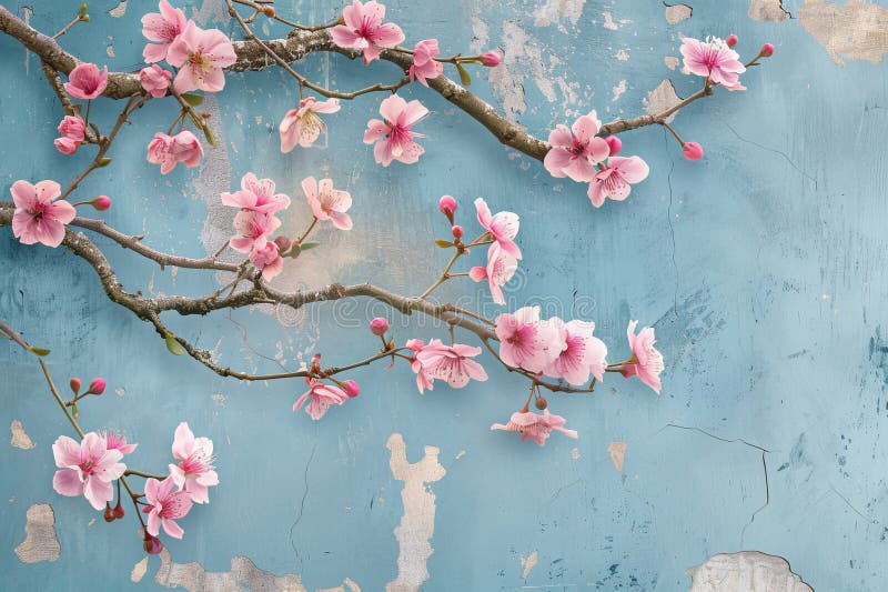 Sakura Flowers on the Wall in Japanese Style. Generative AI. Stock ...