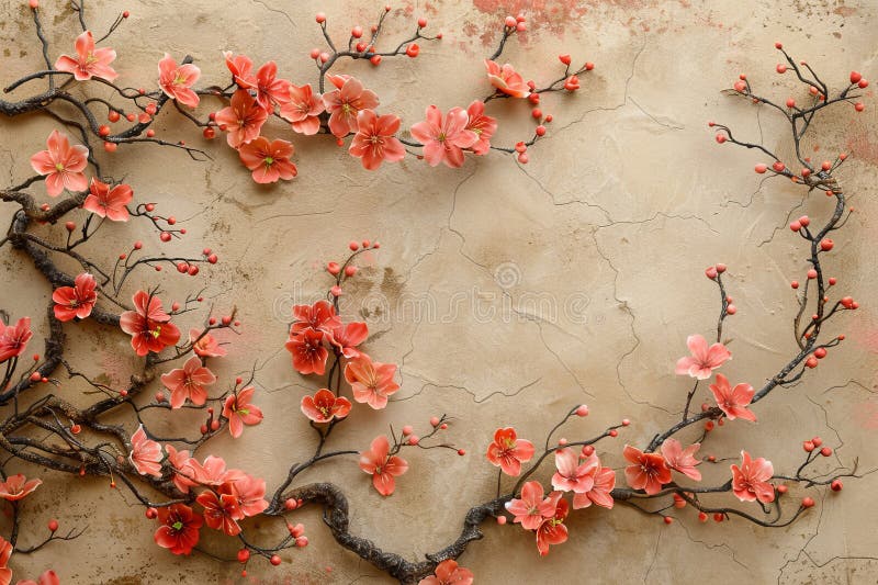 Sakura Flowers on the Wall in Japanese Style. Generative AI. Stock ...