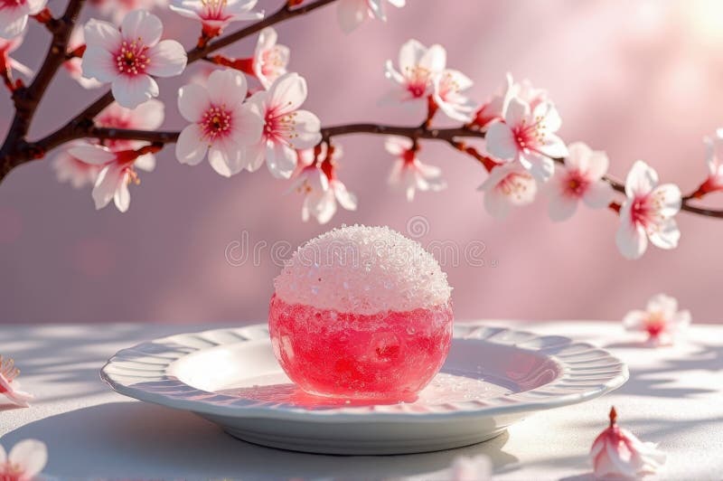 Sakura-inspired Dessert: Cherry Blossom Sphere on Elegant Dish with ...