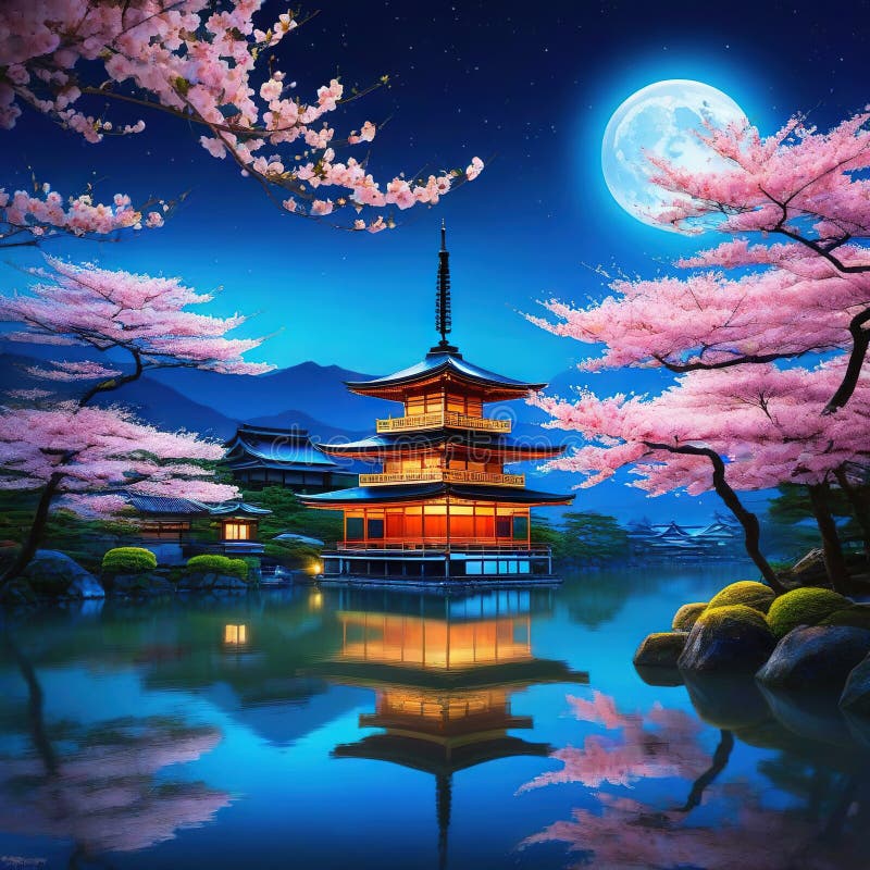 Sakura In At Japanese Landscape With Temple By Stock Illustration Illustration Of Scenery