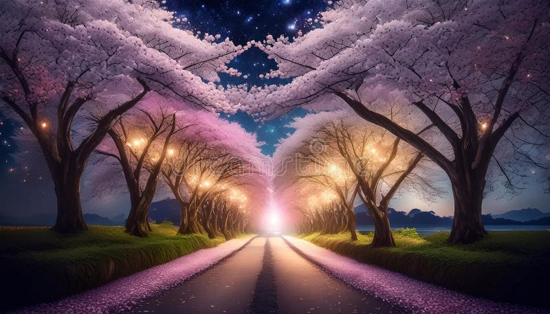 Sakura park in the night stock illustration. Illustration of japanese ...