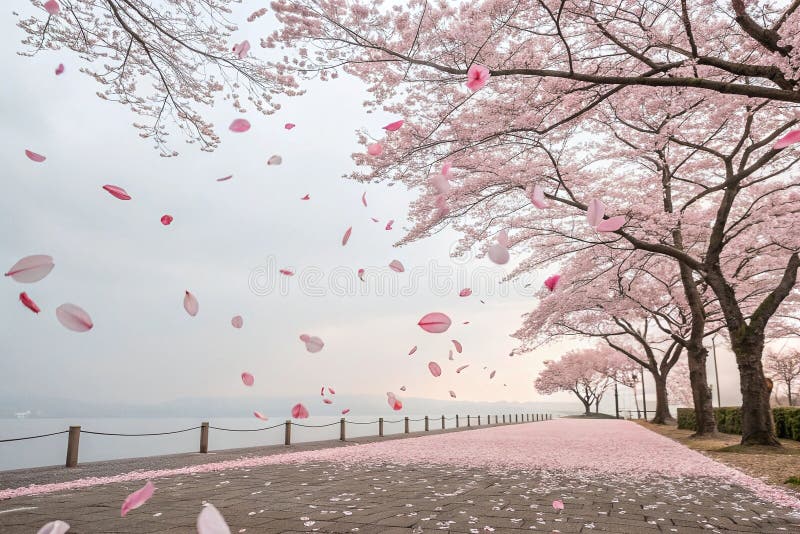 Sakura Petals Fall on Pathway by Lake Stock Illustration - Illustration ...