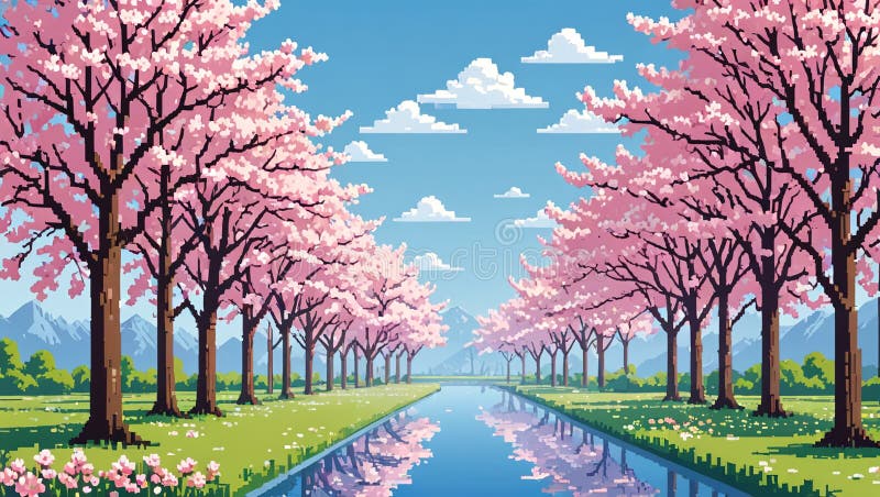 Sakura Pixel Paradise Tranquil Cherry Blossom Trees Stock Illustration ...