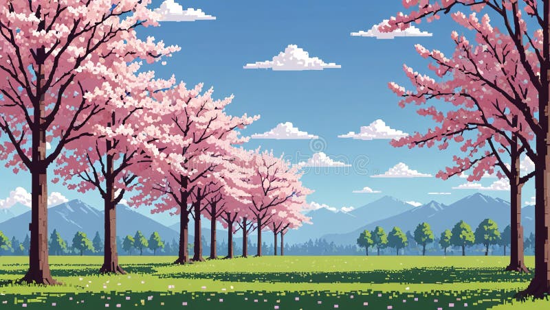 Sakura Pixel Paradise Tranquil Cherry Blossom Trees Stock Illustration ...