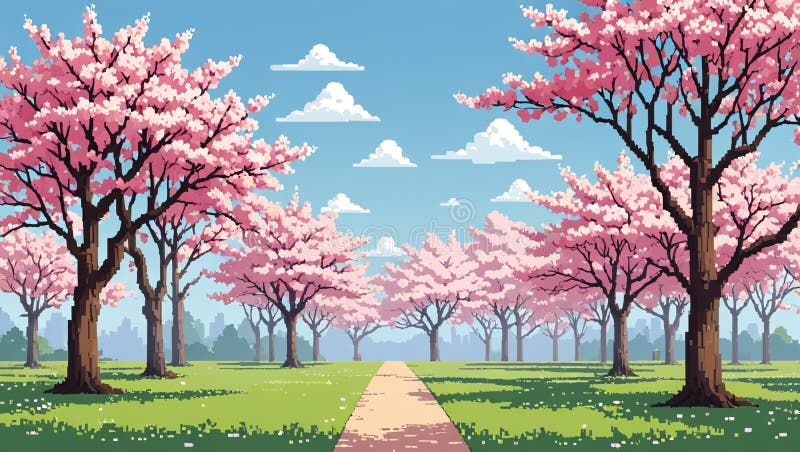 Sakura Pixel Paradise Tranquil Cherry Blossom Trees Stock Illustration ...