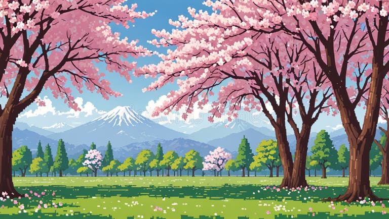 Sakura Pixel Paradise Tranquil Cherry Blossom Trees Stock Illustration ...