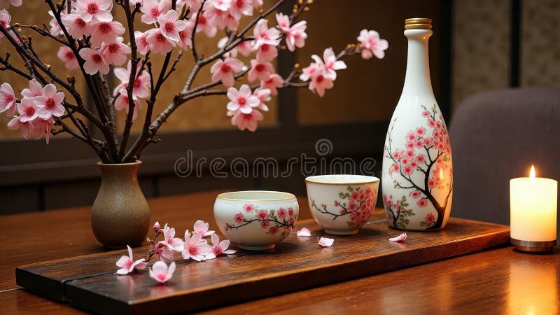 Sakura Themed Table Setting with Sake Set and Candlelight Ambiance ...