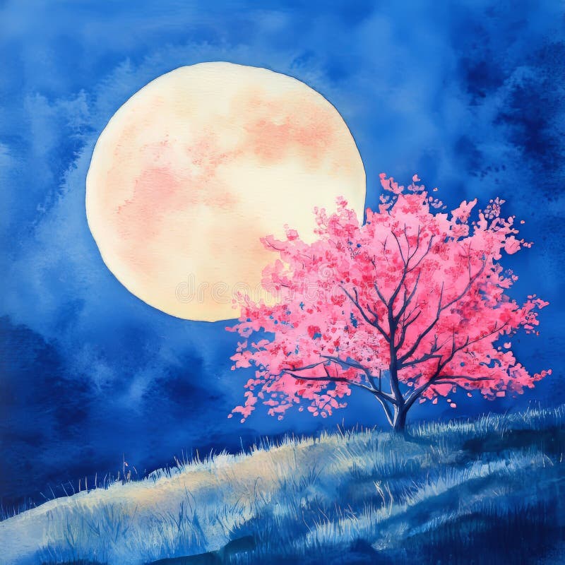 Sakura Tree on the Background of the Full Moon. Watercolor Painting ...