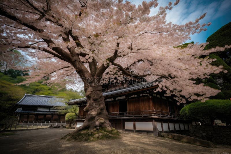 Sakura Tree in Full Bloom, Surrounded by Lush Greenery Stock ...