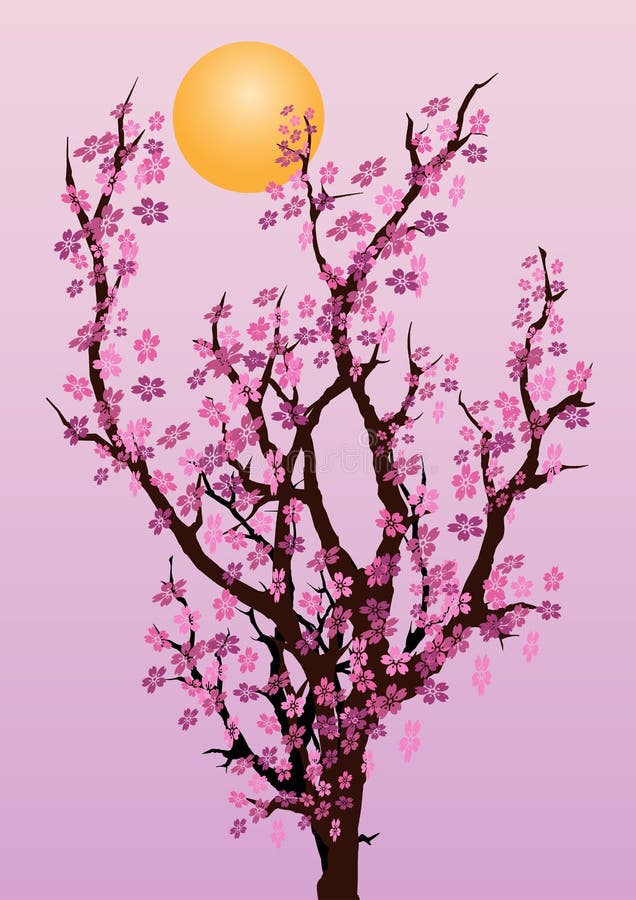 Sakura Tree and full moon stock vector. Illustration of caring - 140349405