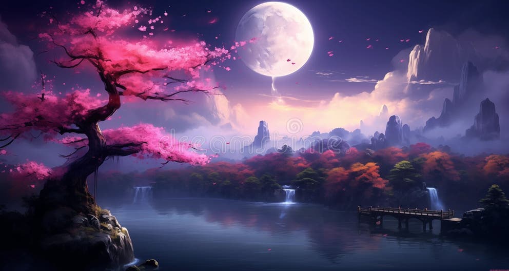 Sakura Tree in the Moonlight, AI Generative Stock Illustration ...