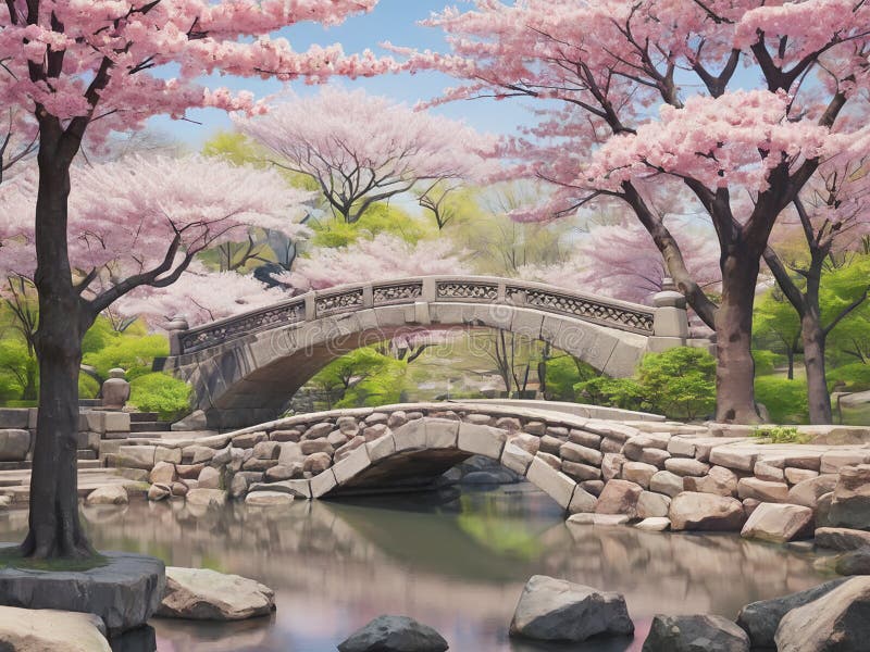 Sakura Trees and Stone Bridge in Spring Park - Generated by Ai Stock ...