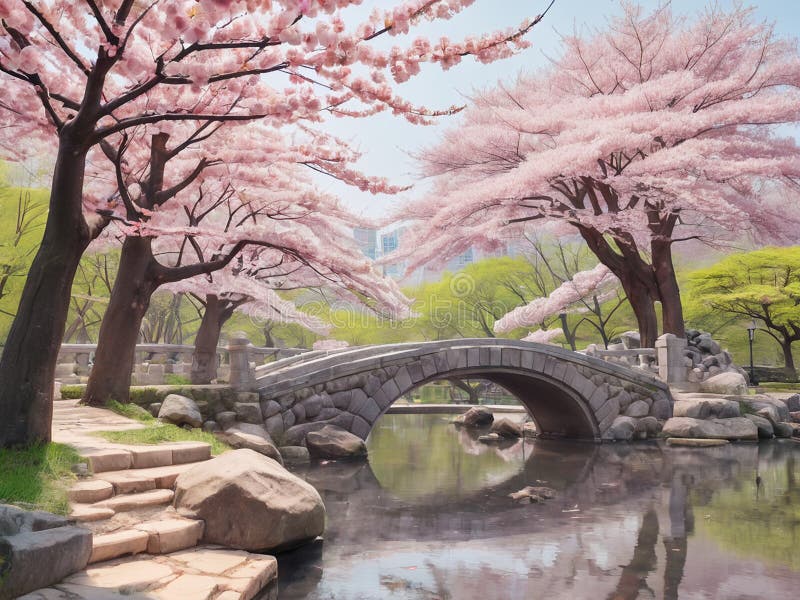 Sakura Trees and Stone Bridge in Spring Park - Generated by Ai Stock ...