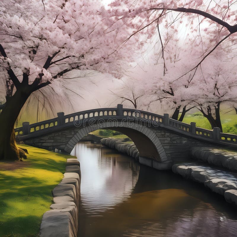Sakura Trees and Stone Bridge in Spring Park --generated by Ai Stock ...