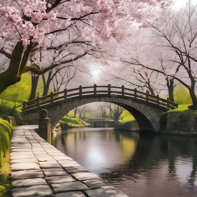 Sakura Trees and Stone Bridge in Spring Park --generated by Ai Stock ...