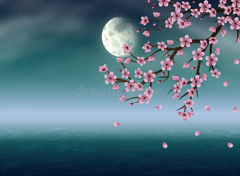 Sakura under the Moon stock illustration. Illustration of japanese ...