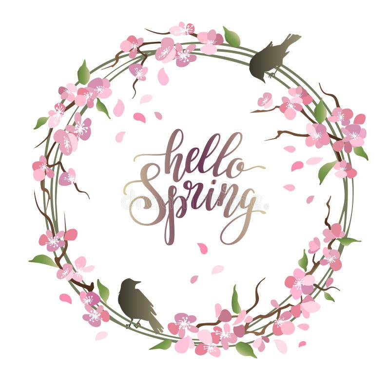 Sakura Wreath or Frame with Birds. Hello Spring Banner Stock Vector ...