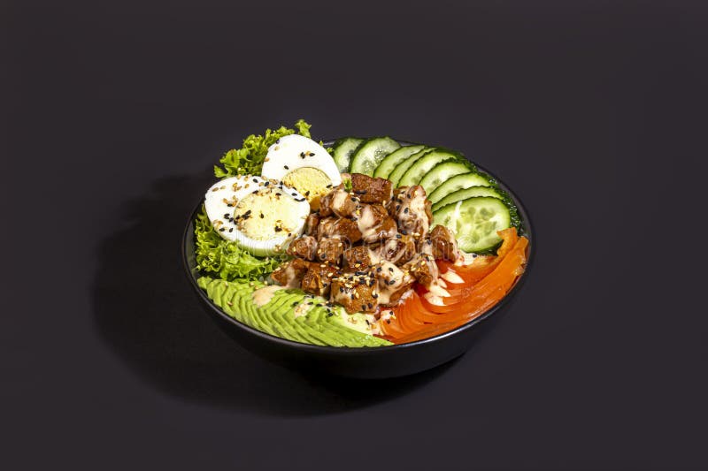 Salad Bowl with Beef, Rice, Tomatoes, Cucumbers and Avocado. Boiled Egg ...