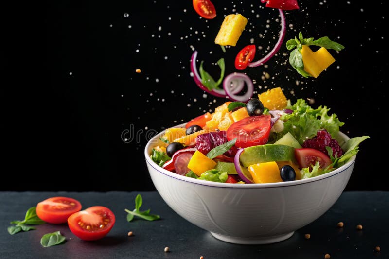Salad in a Bowl with Bright Colors Floating on a Black Background, HDR ...