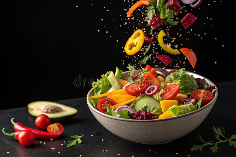 Salad in a Bowl with Bright Colors Floating on a Black Background, HDR ...