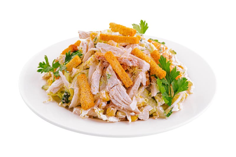 Salad of Cabbage, Crackers, Tomato, Chicken and Corn Stock Photo ...