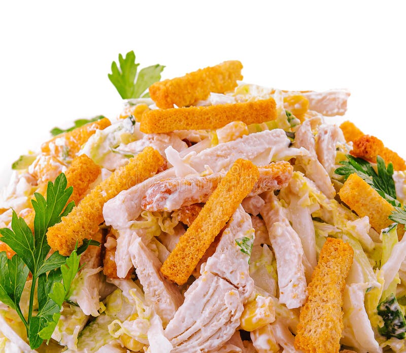 Salad of Cabbage, Crackers, Tomato, Chicken and Corn Stock Photo ...