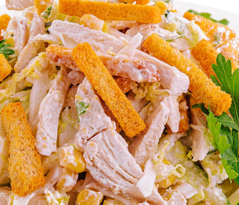 Salad of Cabbage, Crackers, Tomato, Chicken and Corn Stock Image ...