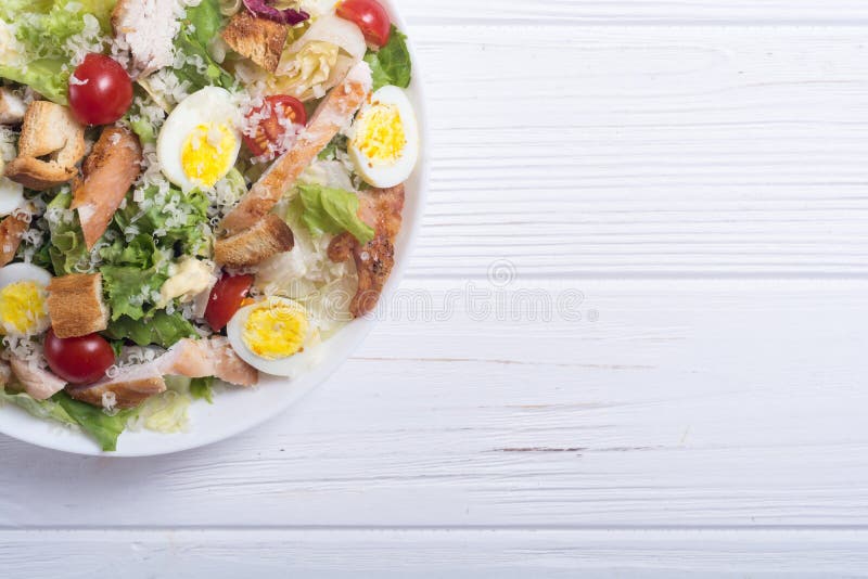 Salad Ceasar with Chicken , Eggs and Tomatoes Stock Photo - Image of ...