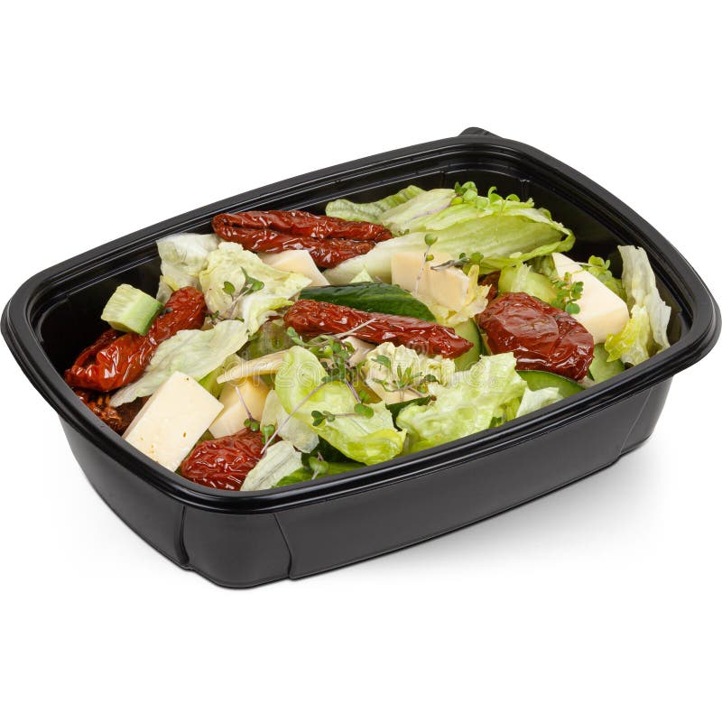 Salad with Cheese and Sun-dried Tomatoes in a Black Plastic Lunchbox on ...