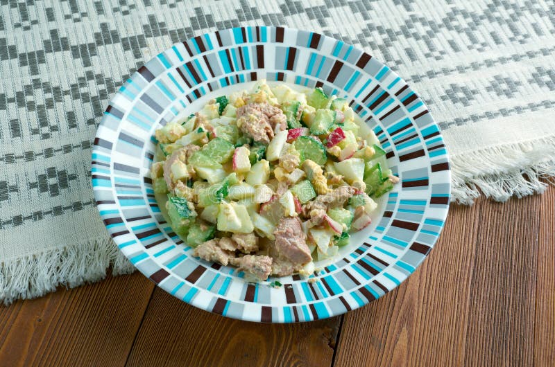 Salad with cod liver stock image. Image of cucumber, eggs - 73164981