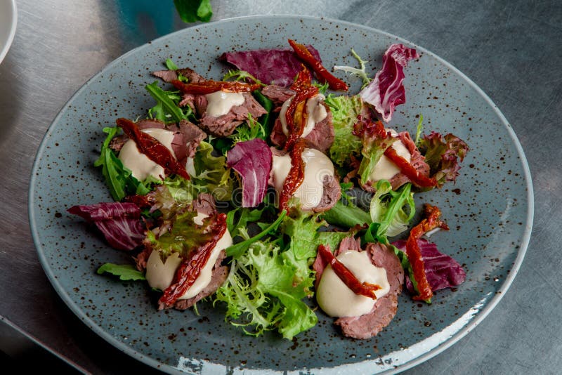 Salad with Cold Beef in Grey Plate Stock Image - Image of grey ...