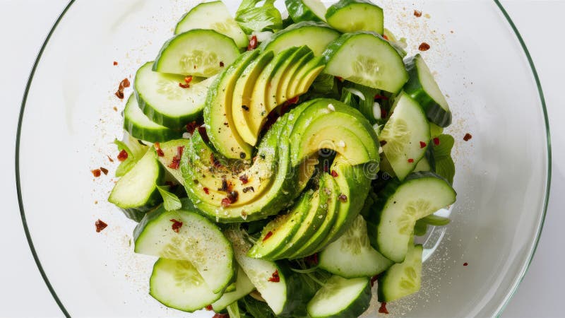 A Salad with Cucumbers, Avocado and Red Pepper in a Glass Bowl, AI ...