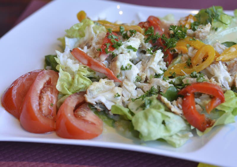 Salad with Fish Green Salad Rice and Tomatos Stock Image - Image of ...